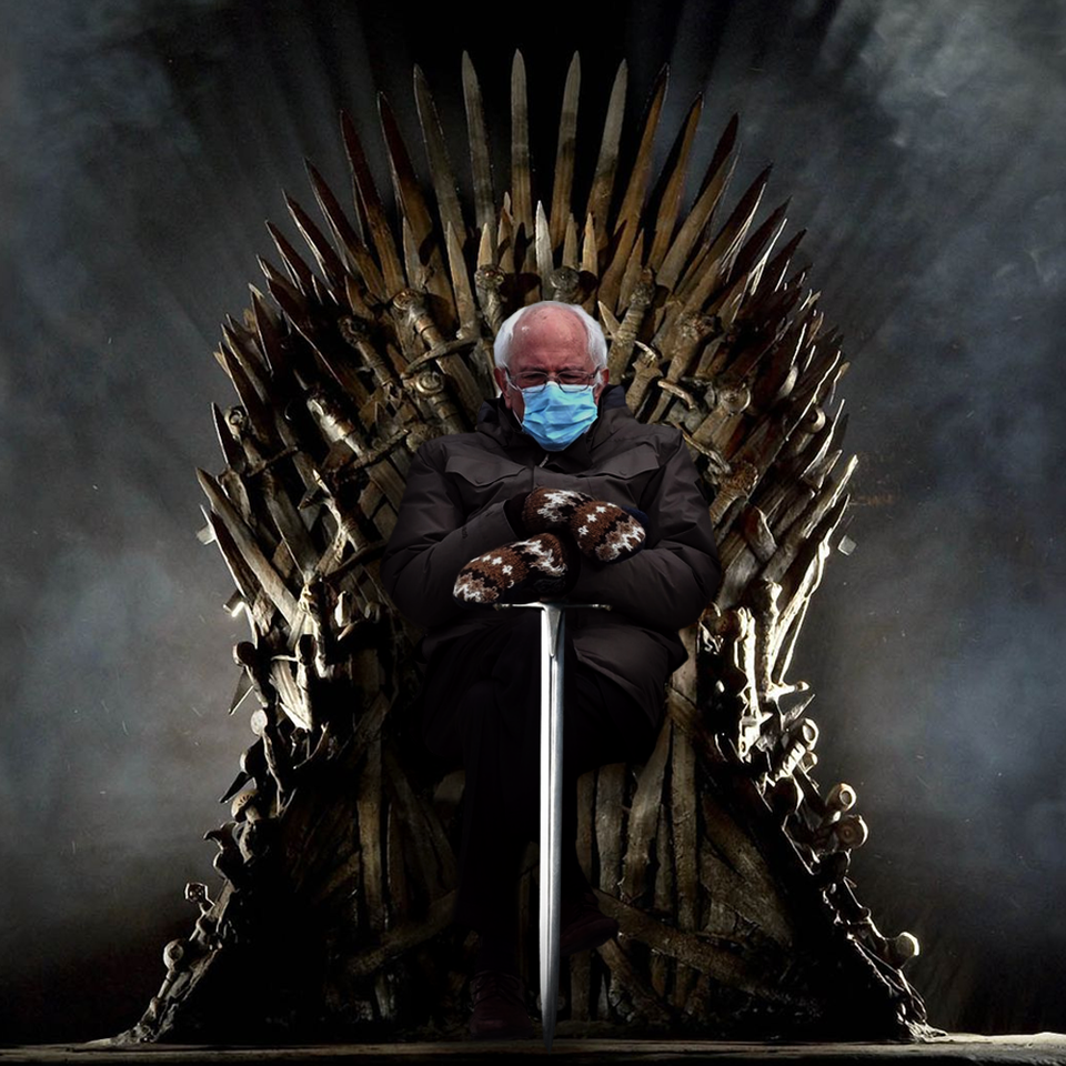 The Iron Throne | Bernie Sanders Wearing Mittens Sitting in a Chair ...