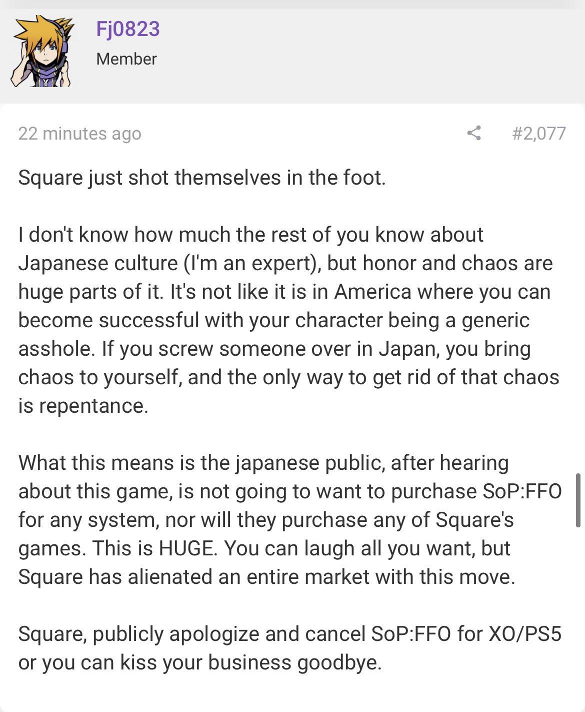 A ResetERA member hates SoP:FFO and wants Square Enix to bend the knee ...