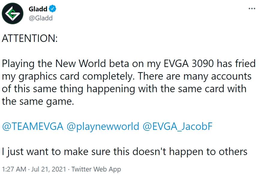 Playing the New World beta on my EVGA 3090 has fried my graphics card ...