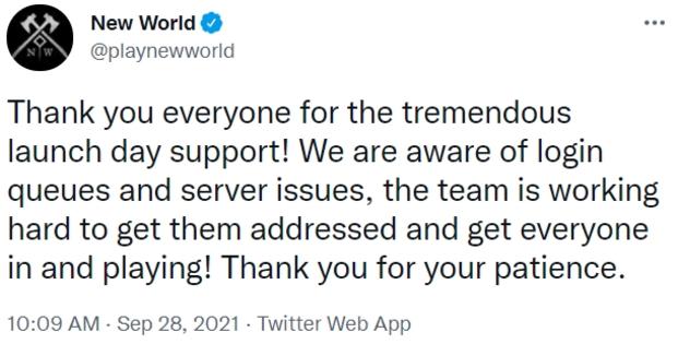 We are aware of login queues and server issues | New World | Know Your Meme