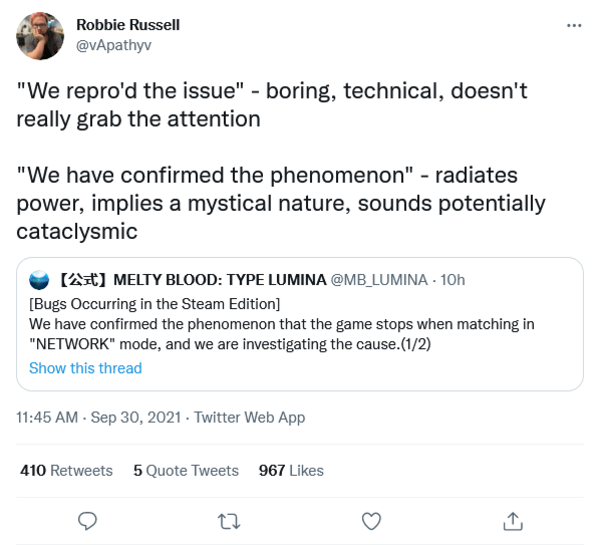 How to announce you acknowledge the existence of a bug | Type-Moon ...