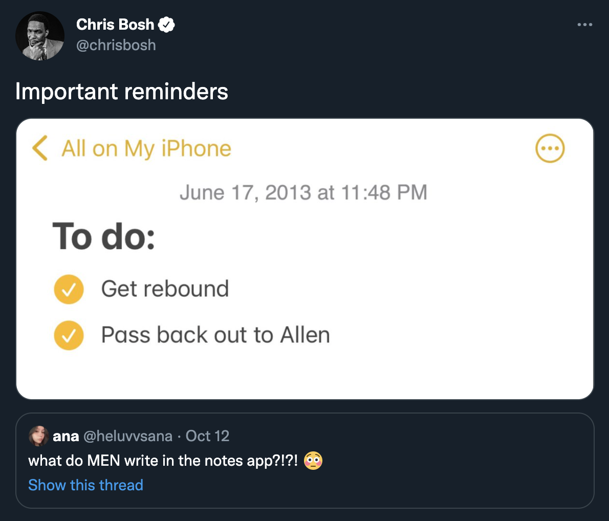 chris bosh | What Do Men Write In The Notes App? | Know Your Meme