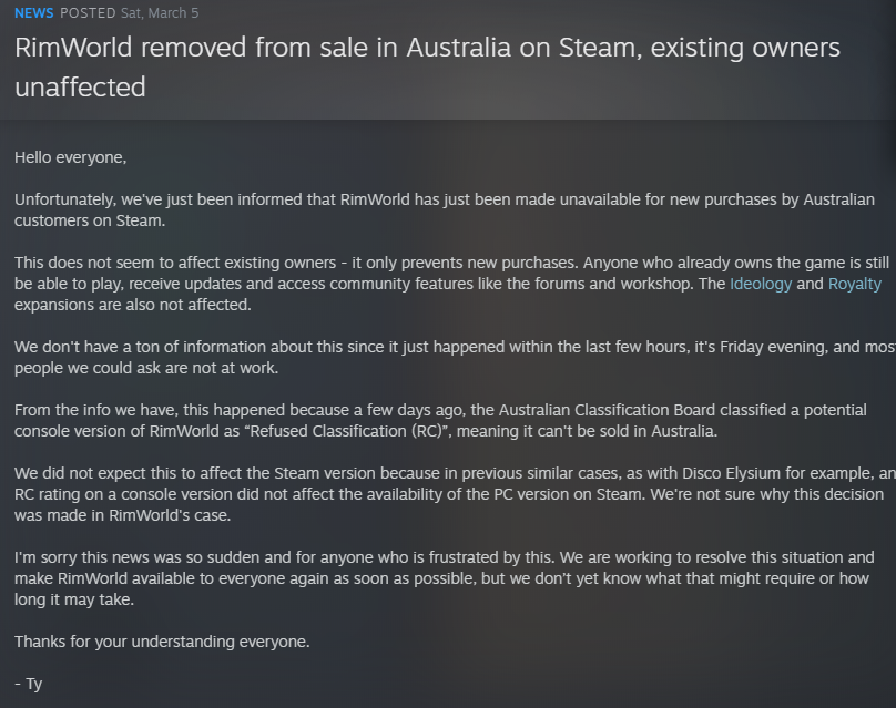 Rimworld removed from Steam in Australia | Rimworld | Know Your Meme