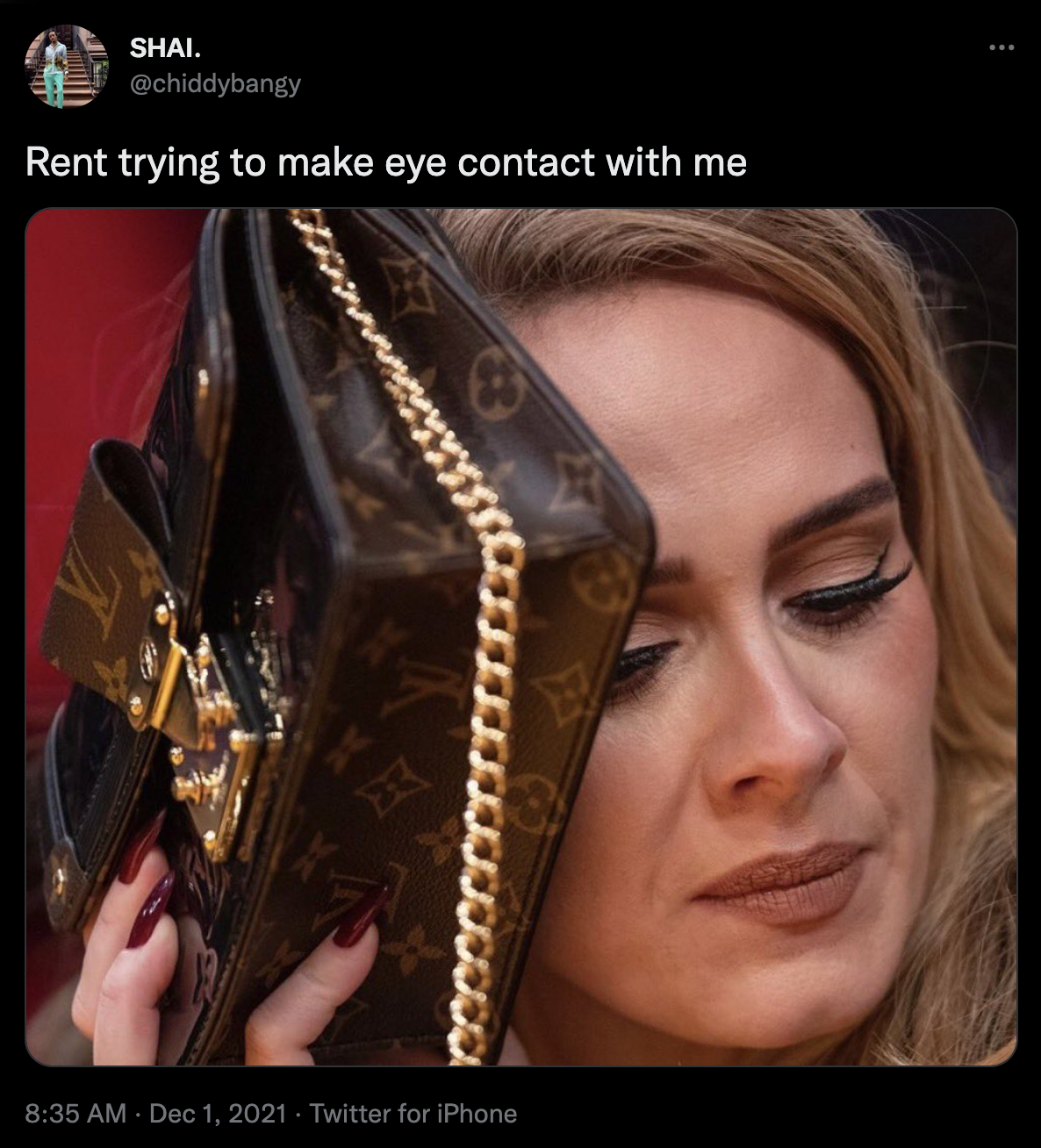 Adele Hiding Behind Purse meme | Adele Hiding Behind Purse | Know Your Meme