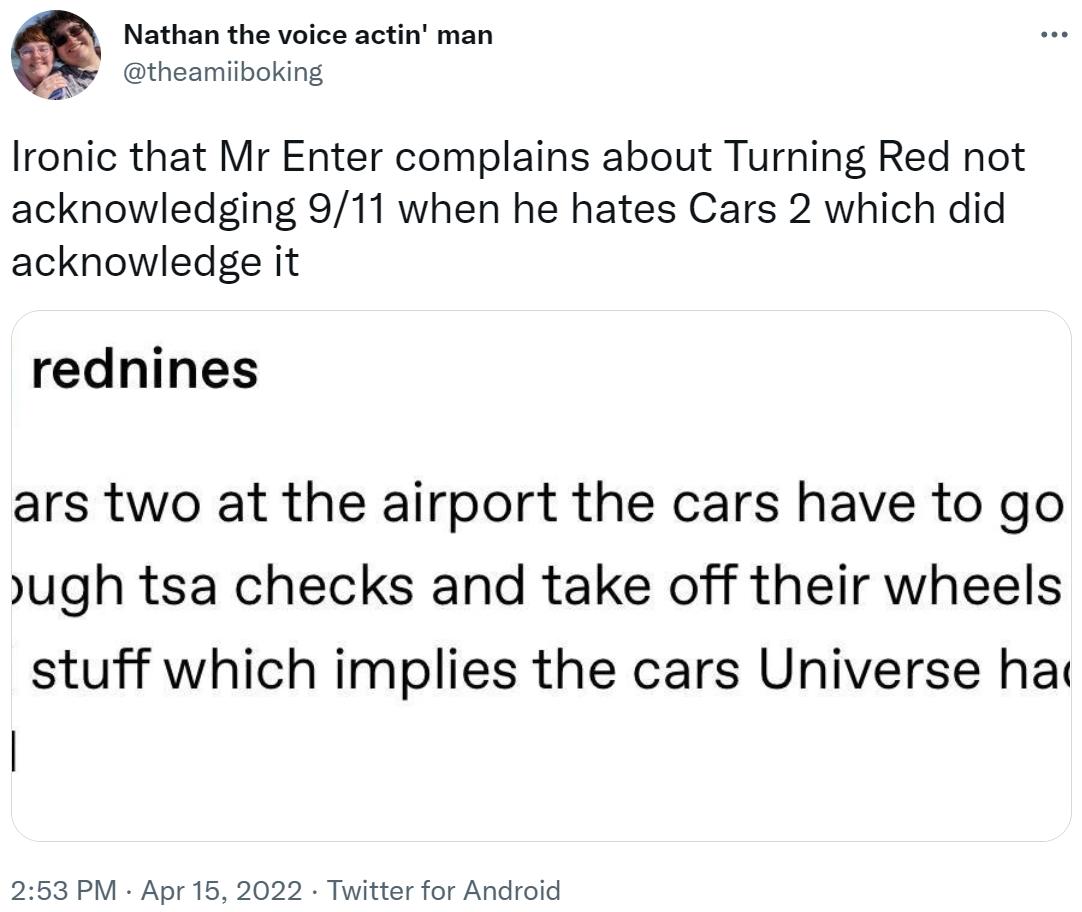 Ironic that Mr Enter complains about Turning Red not acknowledging 9/11 ...