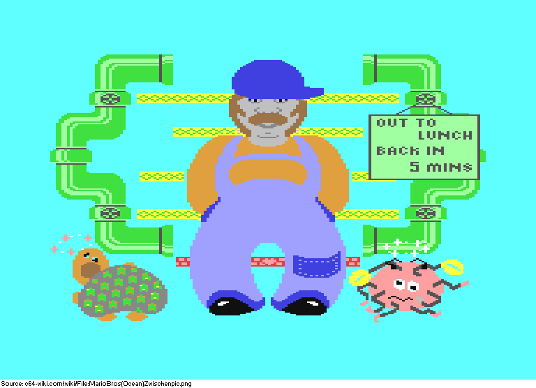 Splash screen depicting Mario and two defeated enemies that briefly ...