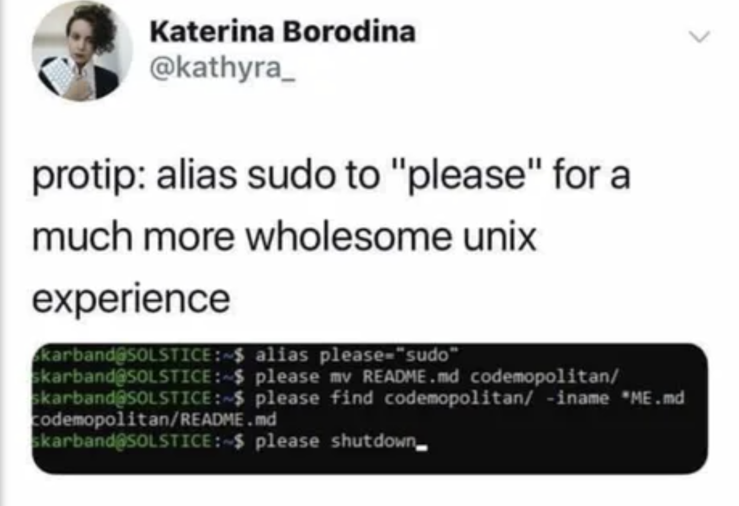 making linux fully wholesome by changing alias sudo to please | /r ...