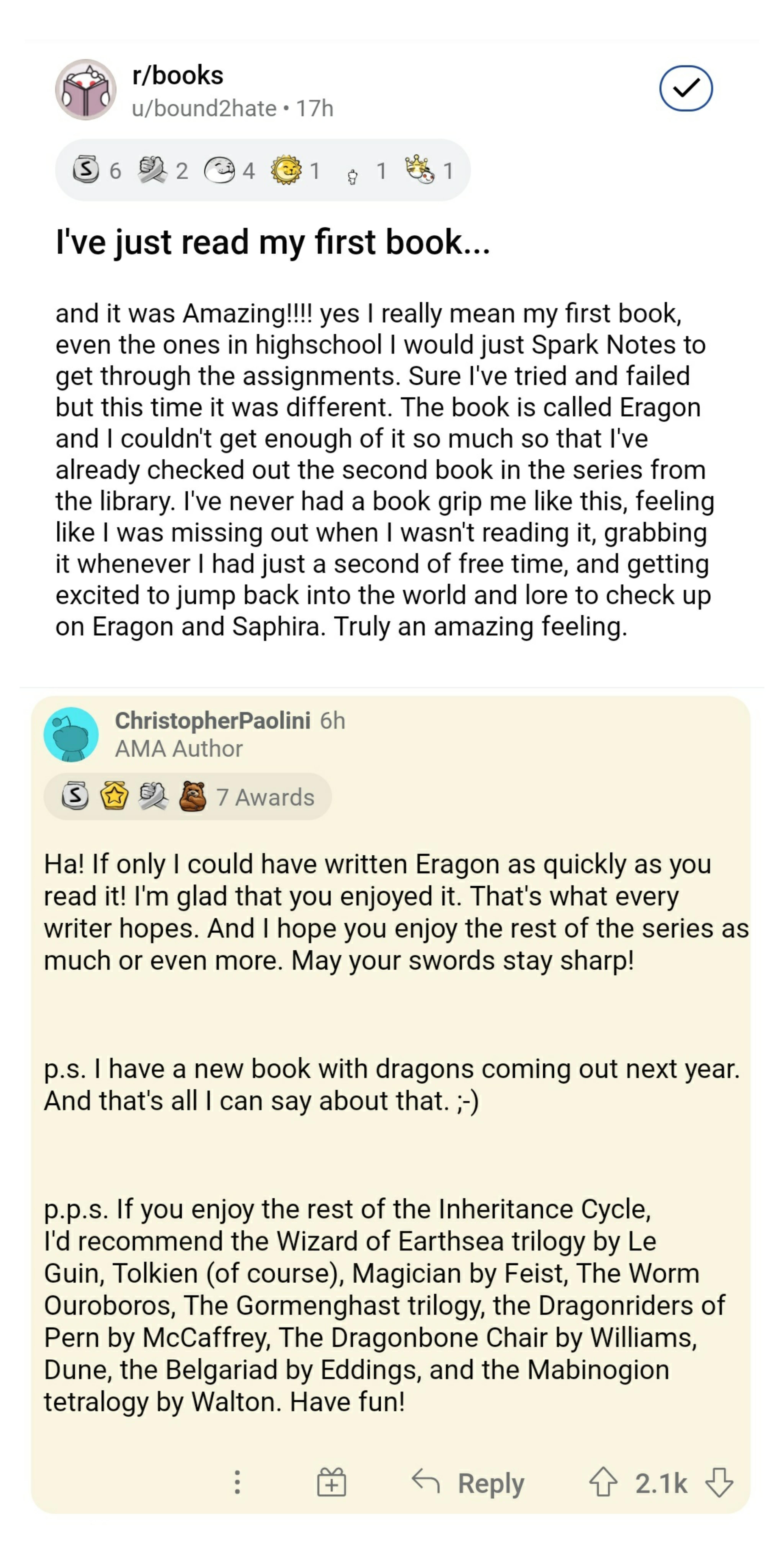 The Author himself replying to your first book reading! | /r ...