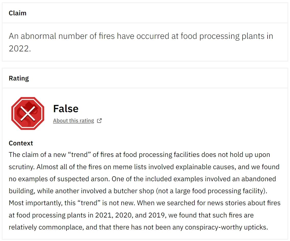 Snopes' Fact-Checking | Food Processing Plants Fires Conspiracy Theory ...