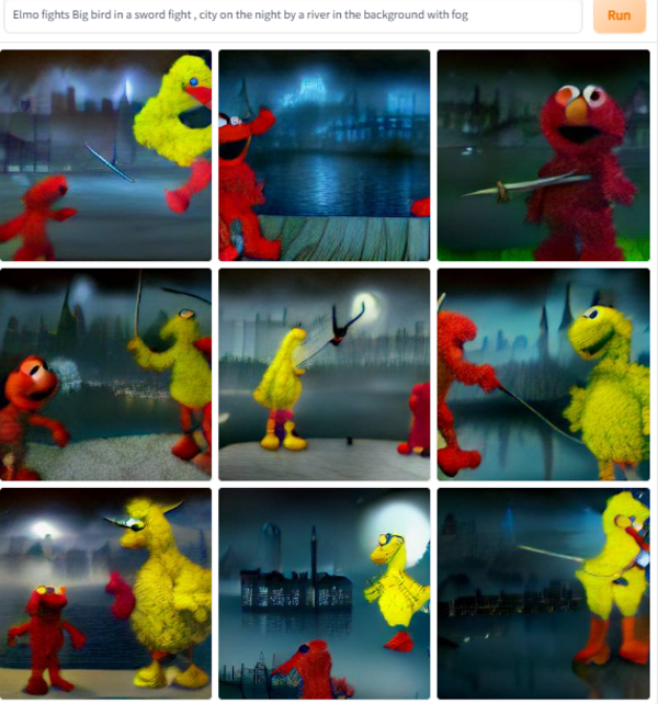 Elmo fights Big Bird in a sword fight | DALL-E mini / Craiyon | Know ...