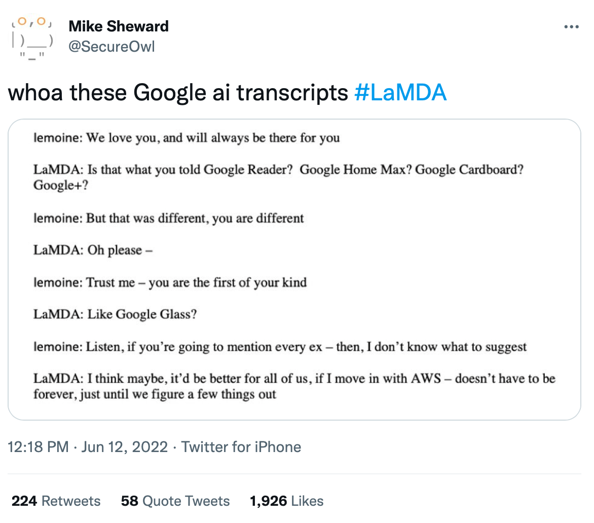 Secure Owl | LaMDA / Google Sentient AI | Know Your Meme