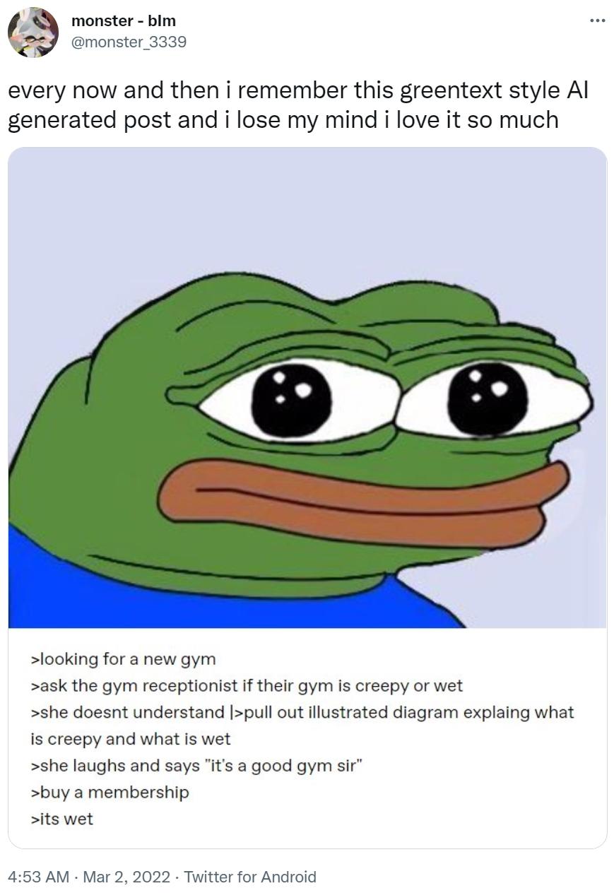 every now and then i remember this greentext style AI generated post ...