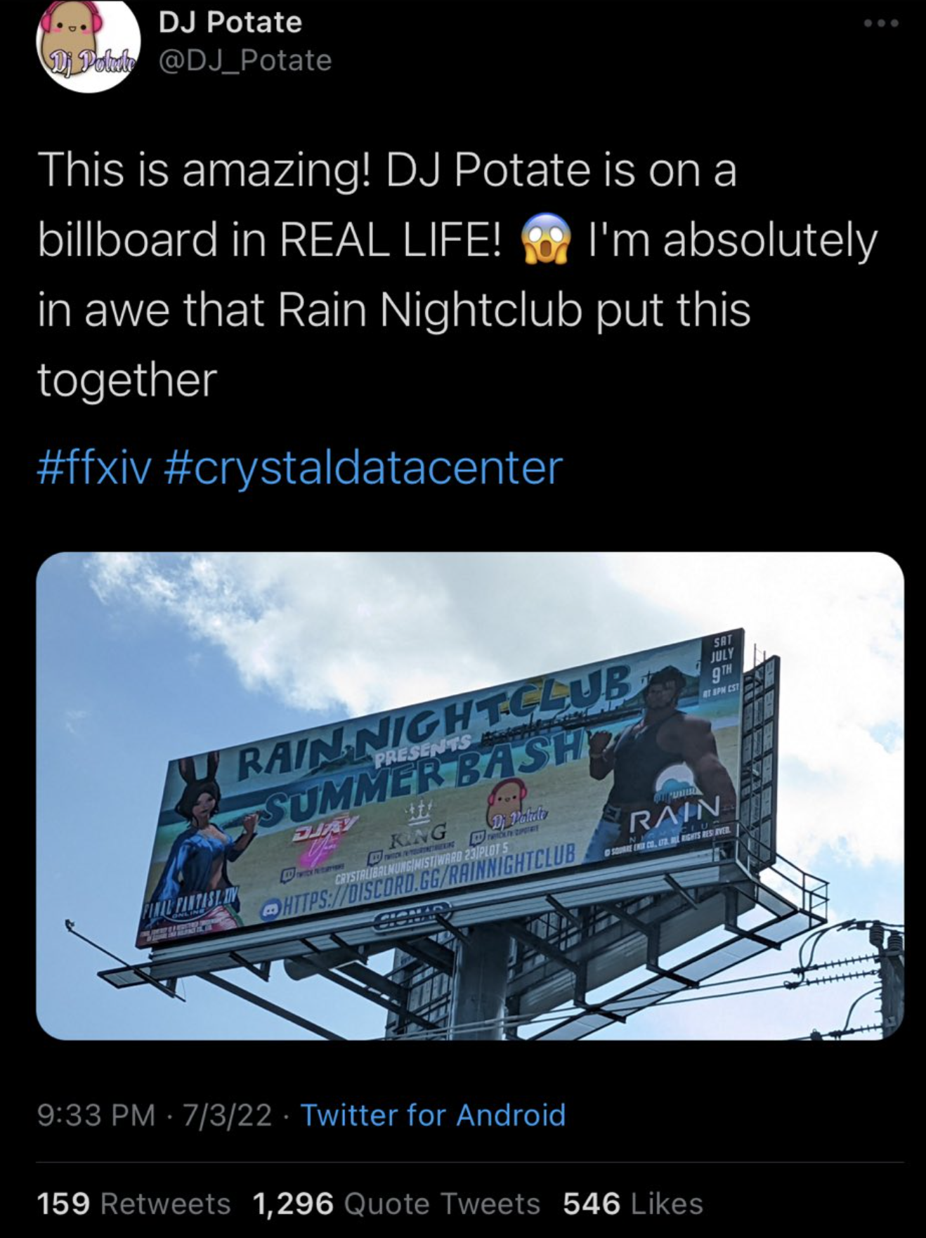 DJ Potate Final Fantasy XIV Billboard Deleted Tweet | Final Fantasy XIV ...