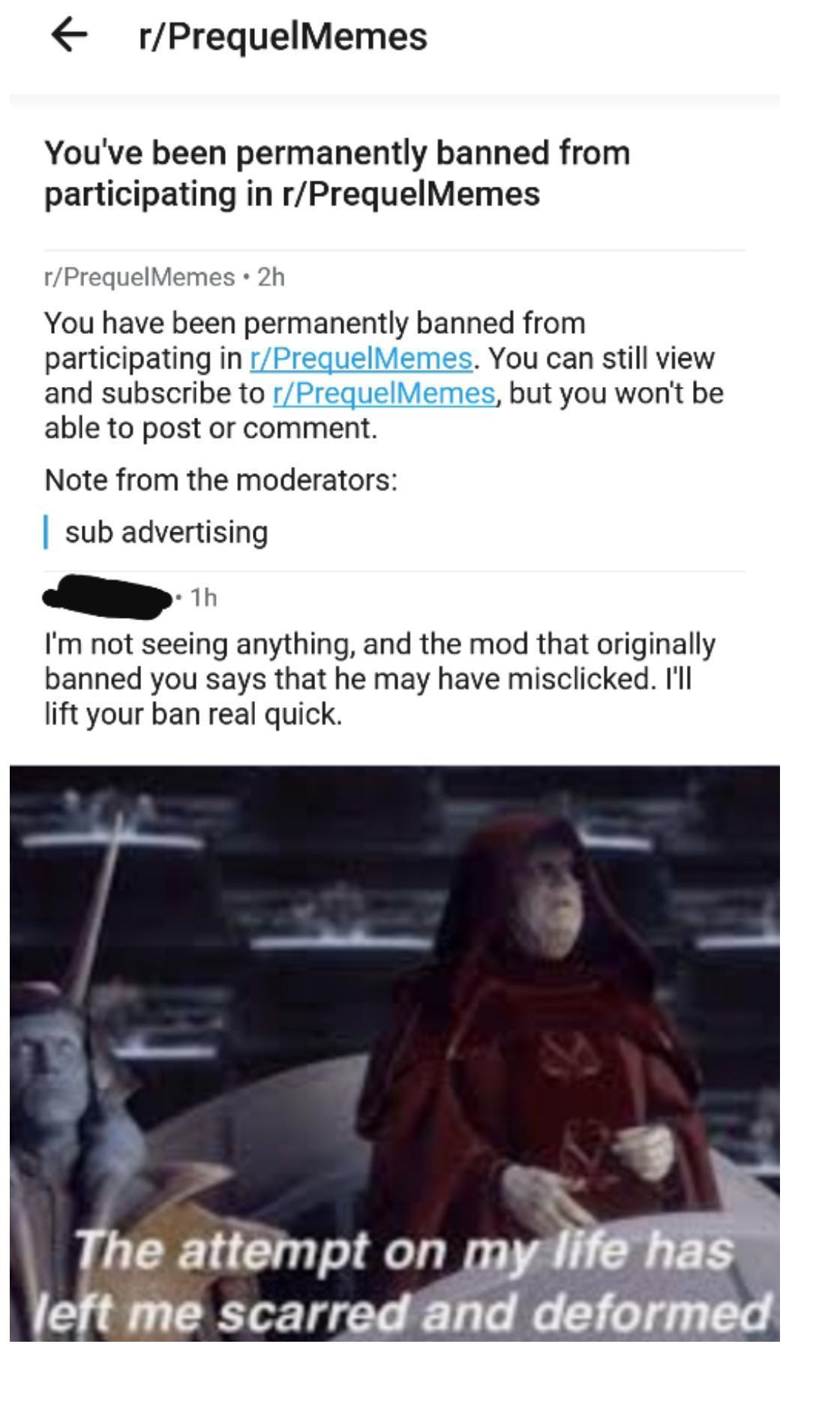 Me after surviving an accidental perma ban | /r/PrequelMemes | Prequel ...