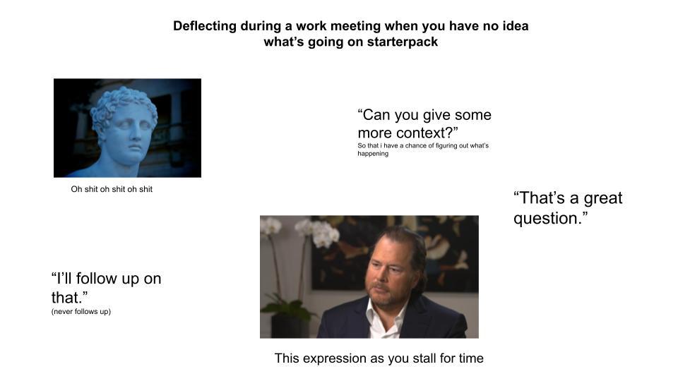 Deflecting during a work meeting when you have no idea what's going on ...