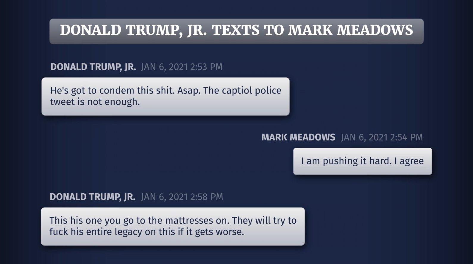 Don Jr and Mark Meadows Texts | 2022 January 6th Committee Hearings ...