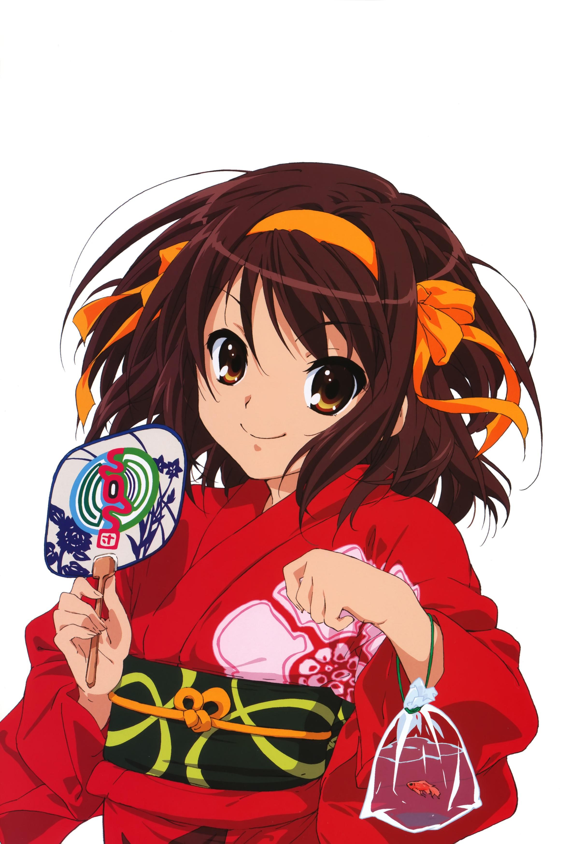 Textless edit of a piece of official art of Haruhi Suzumiya wearing a ...
