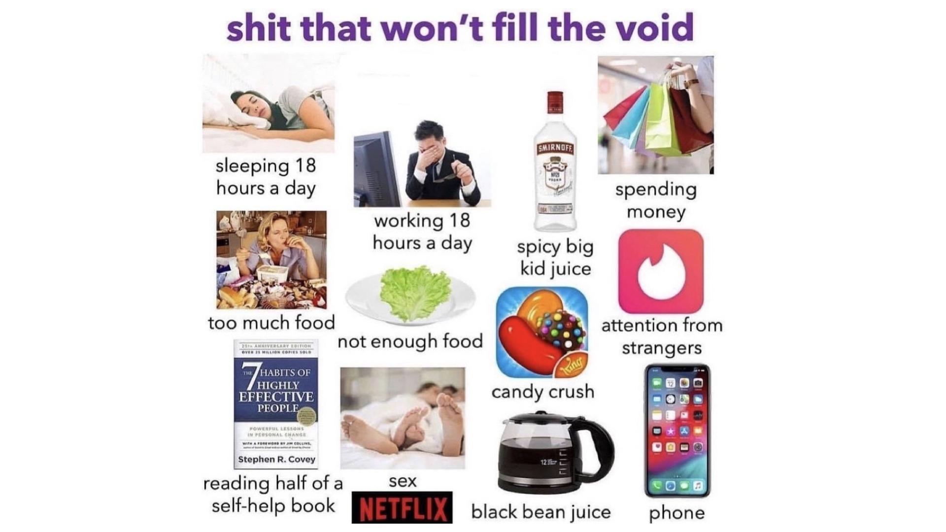 "Shit that won't fill the void" starter pack | /r/starterpacks | Starter Packs | Know Your Meme