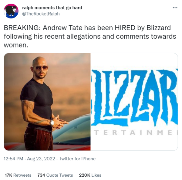 Andrew Tate HIRED By Blizzard Andrew Tate Has Been Banned From X 