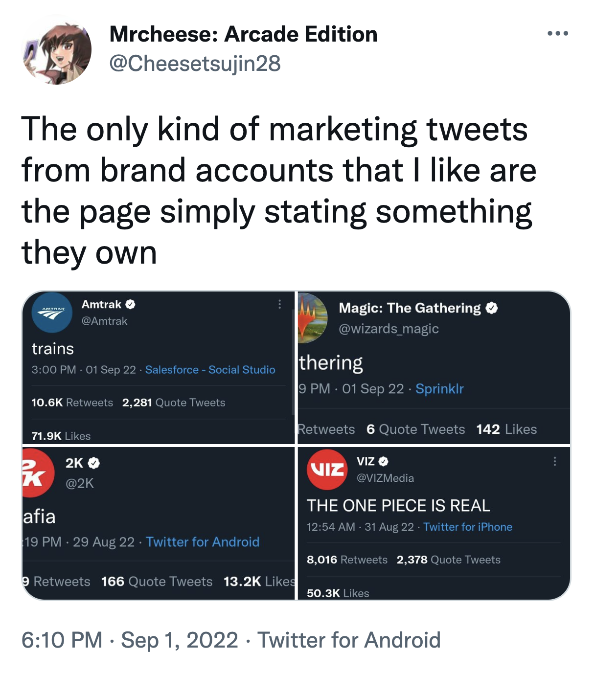 The one piece is real tweet | Brands Tweeting One Word | Know Your Meme