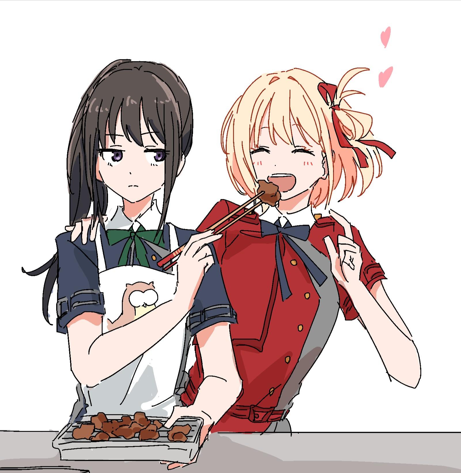Takina feeding Chisato some food by みむし | Lycoris Recoil | Know Your Meme