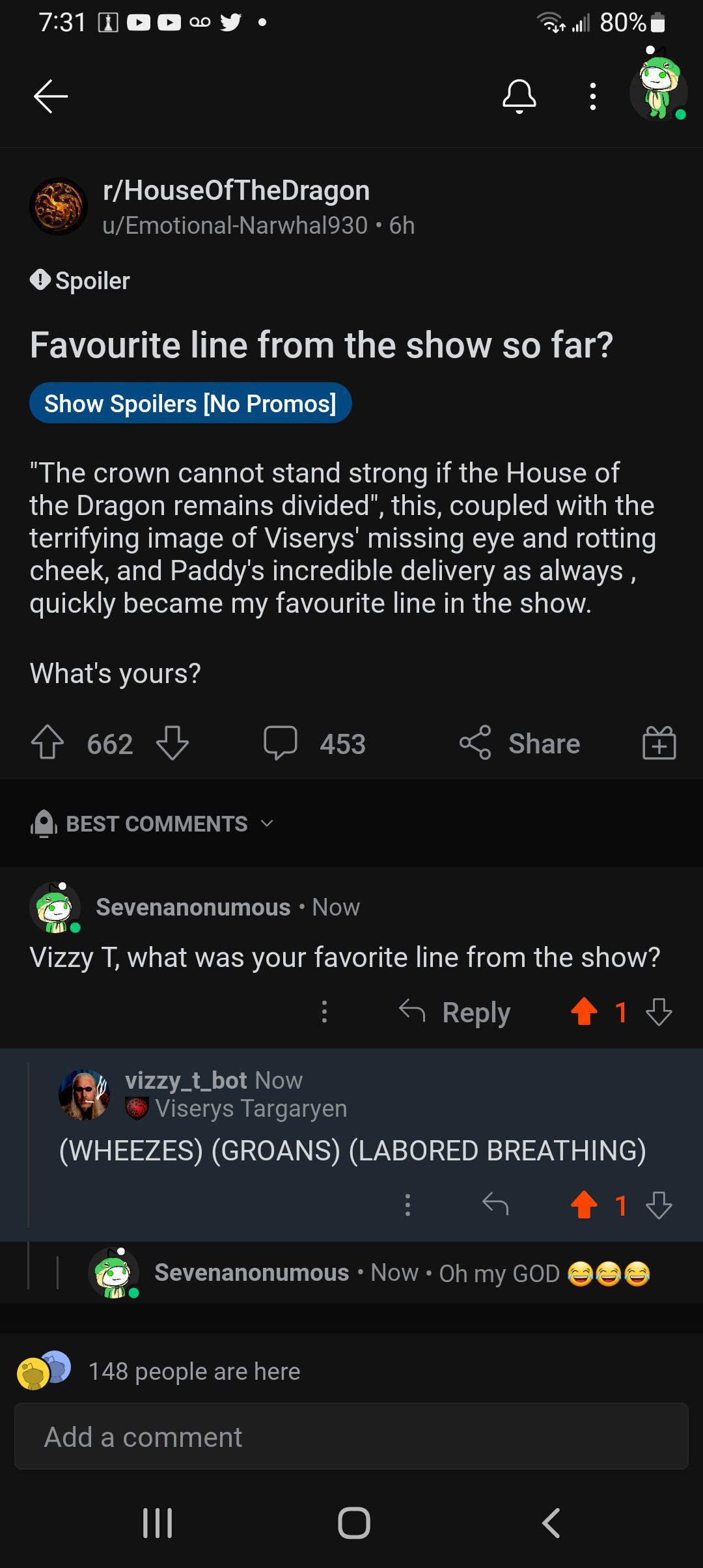 Vizzy T bot made it to r/HotD and he is not disappointing | /r/FreeFolk ...