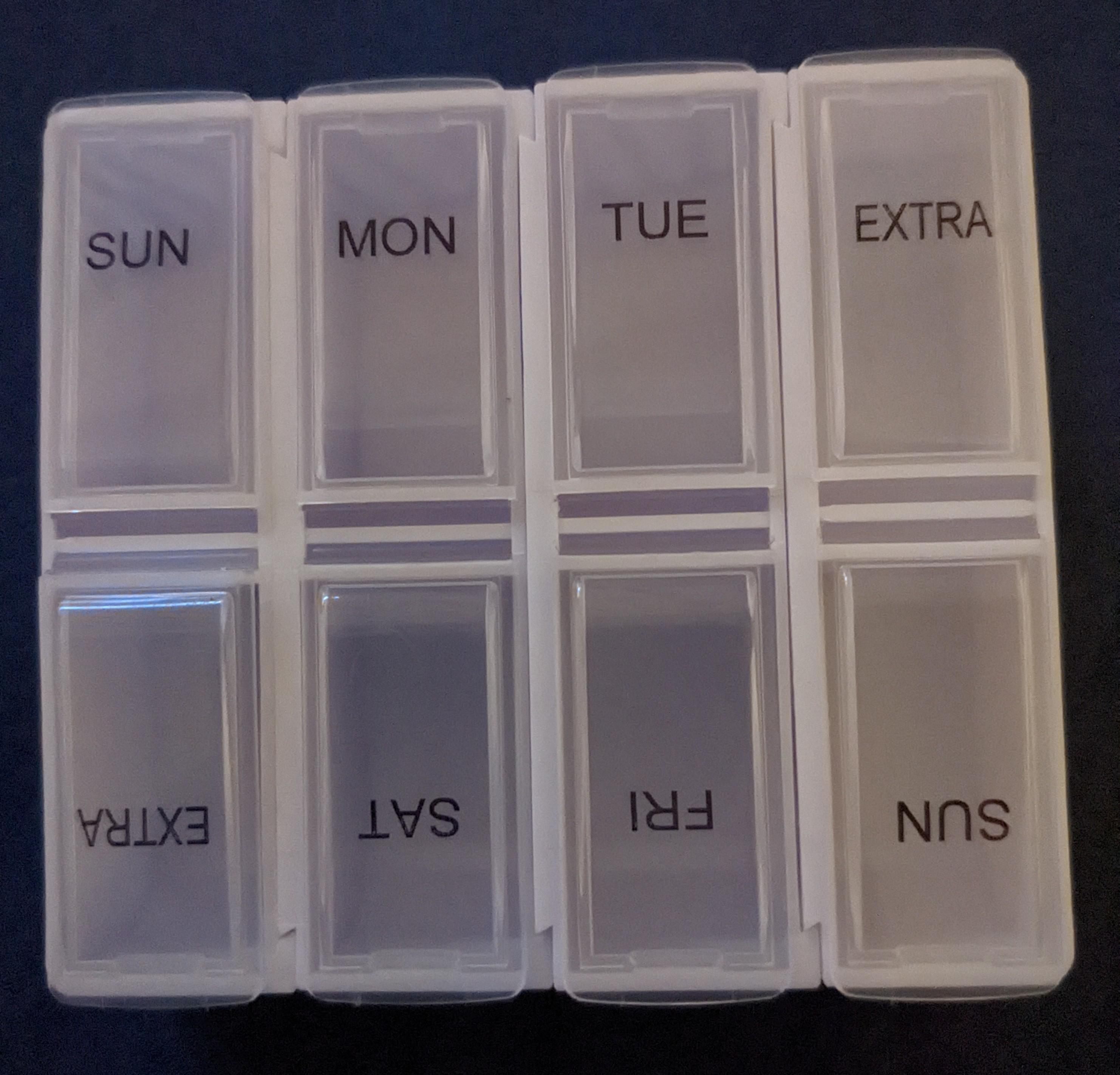 Pill box with two Sundays, Two "Extra" days, and no Wednesday or ...