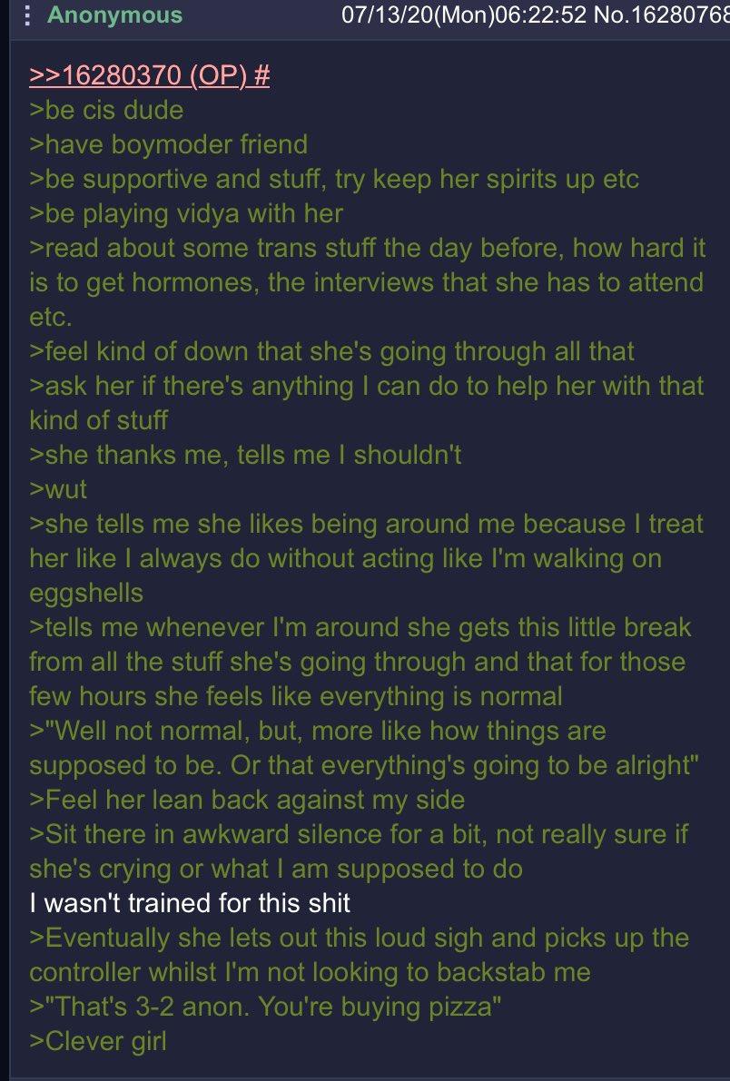 Anon tries to be supportive to boymoder friend | Boymoder | Know Your Meme