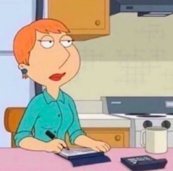 short hair lois griffin sitting at table bored writing checks family ...