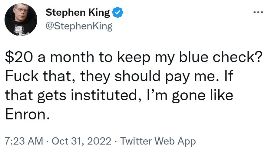 Stephen King Complains About $20 Blue Checkmark | Twitter $8 Blue ...