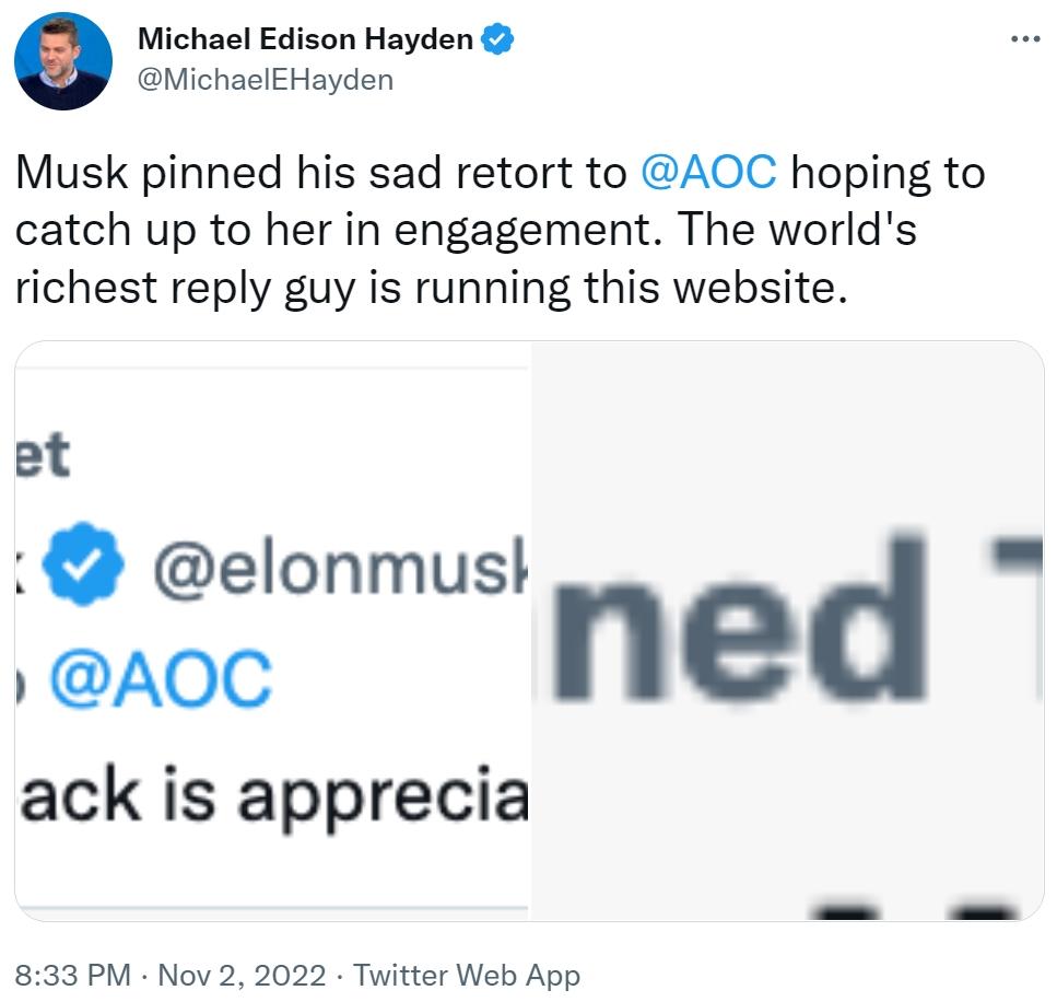 Musk pinned his sad retort to @AOC hoping to catch up to her in ...