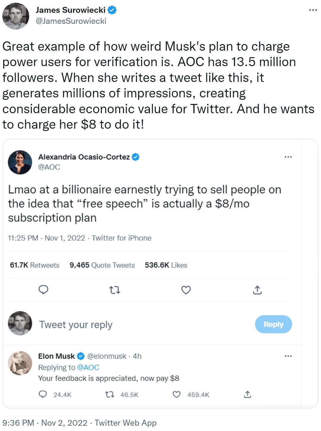 And he wants to charge her $8 to do it! | AOC vs. Elon Musk Twitter Conflict | Know Your Meme