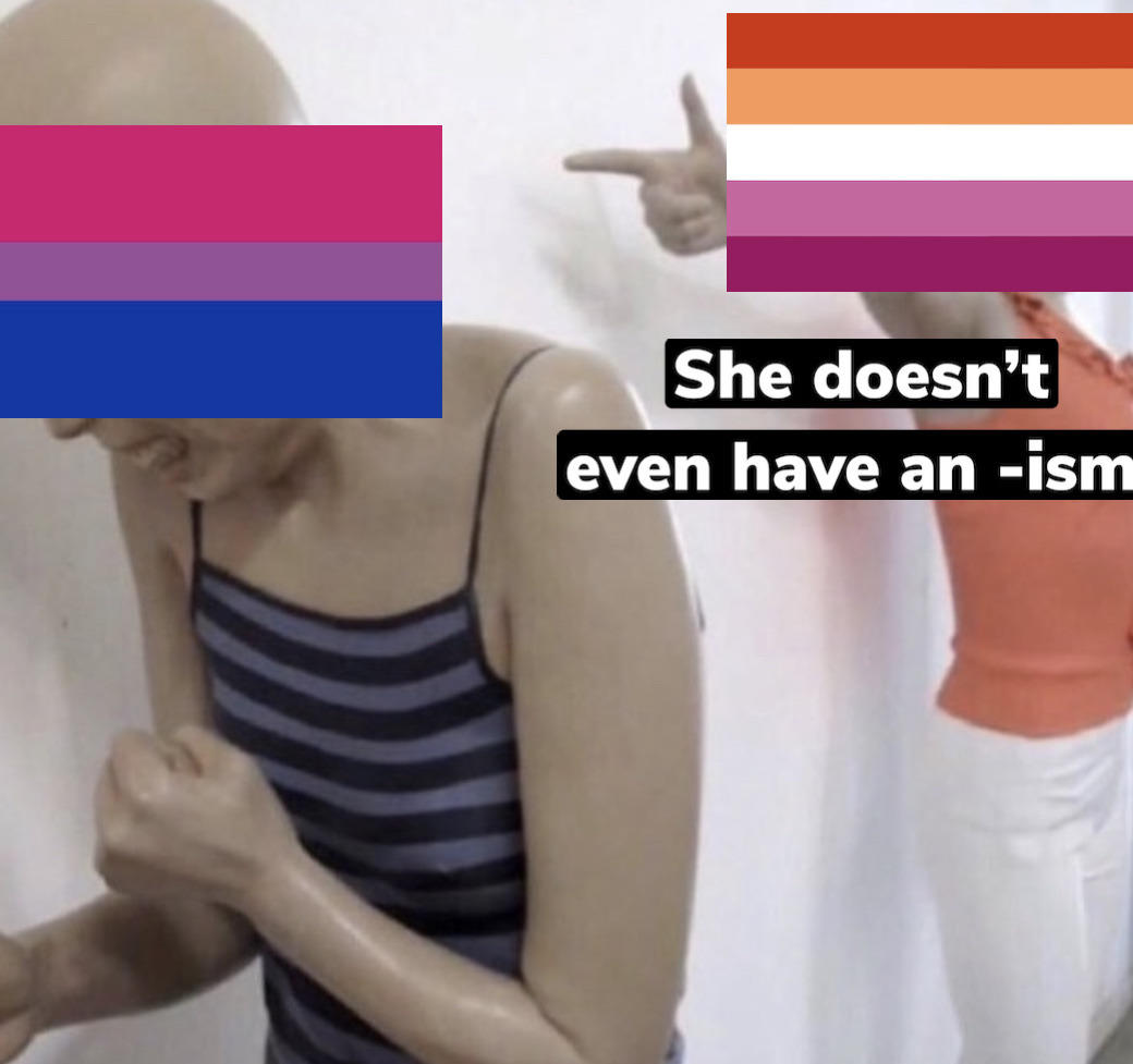 She Doesn t Even Have An Ism Mannequin Pointing At Crying Mannequin 