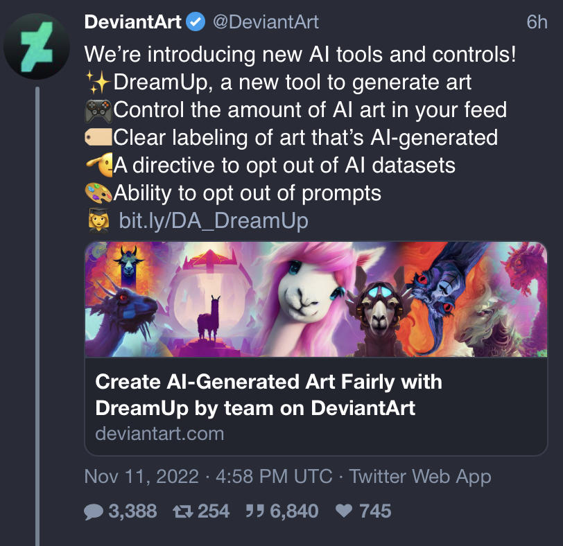 Deviantart DreamUp announcement tweet | AI Art | Know Your Meme