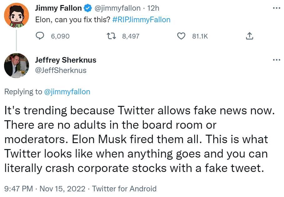 "It's trending because Twitter allows fake news now." | #RIPJimmyFallon ...