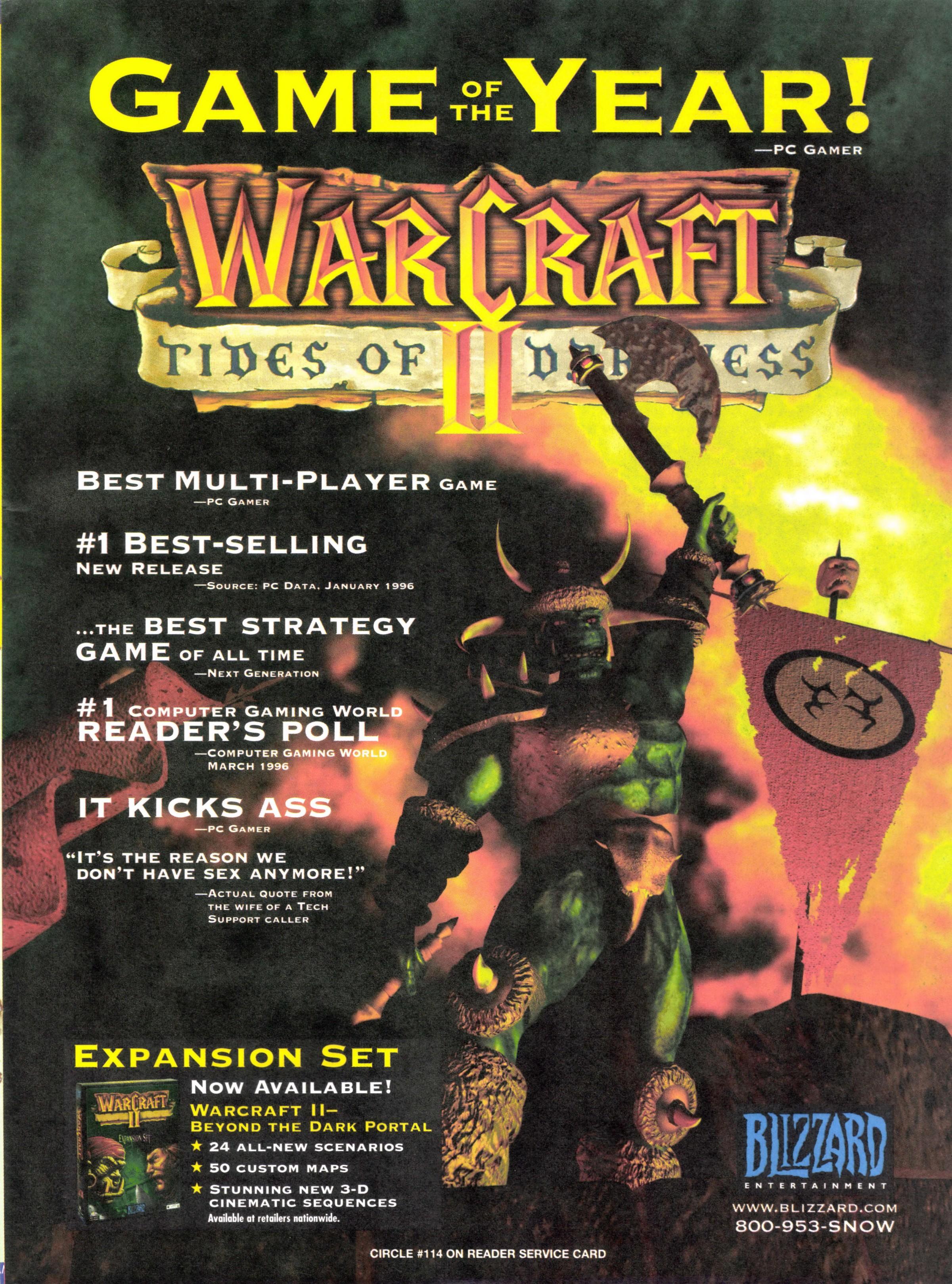 Printed ad for WarCraft II and its expansion celebrating the Game of ...