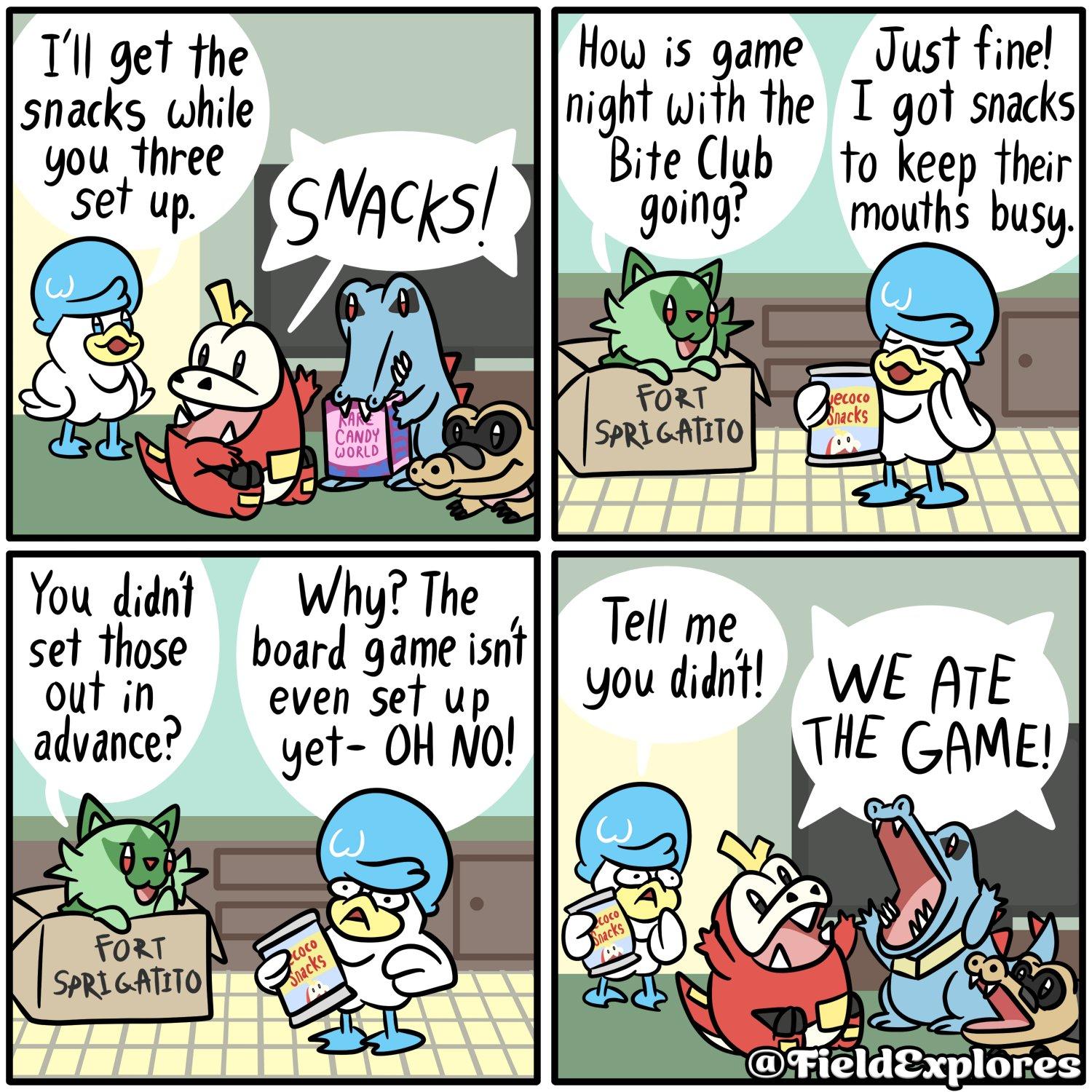 Quaxly, Fuecoco, Totodile, and Sandile have a game night. | Pokémon ...