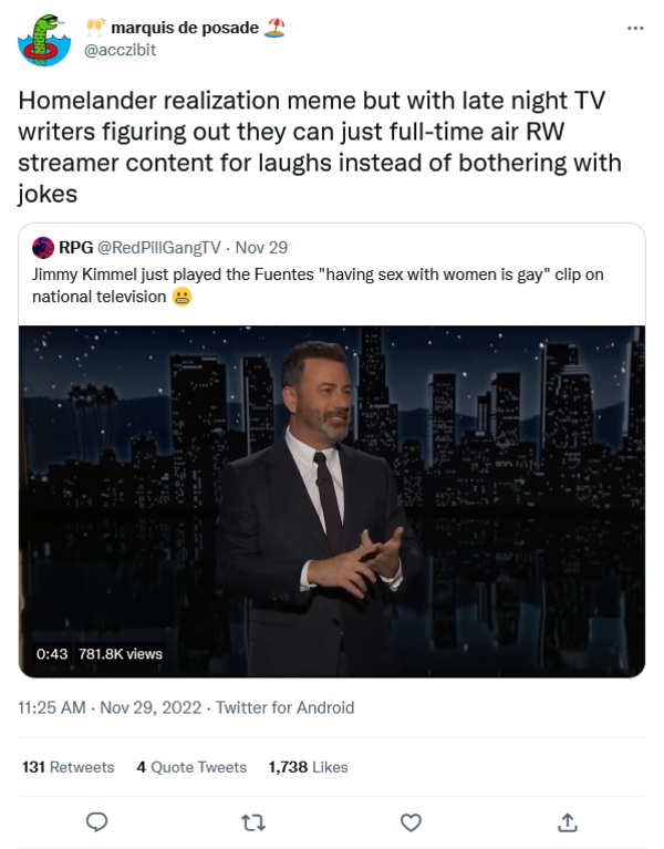 Homelander realization meme but with late night TV writers figuring out ...