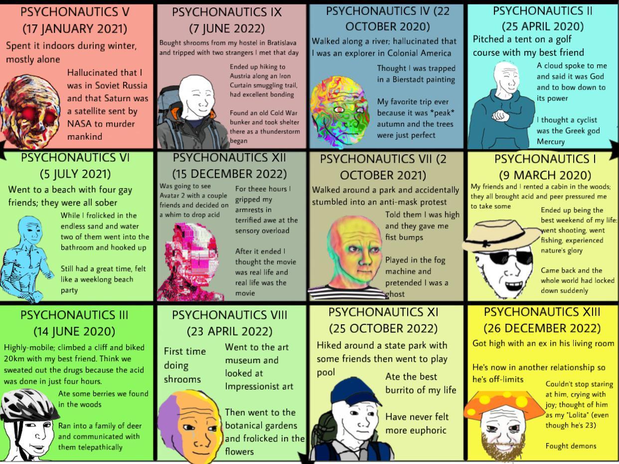 I've tripped on hallucinogenic drugs 13 times. Here's a 4x3 wojak ...