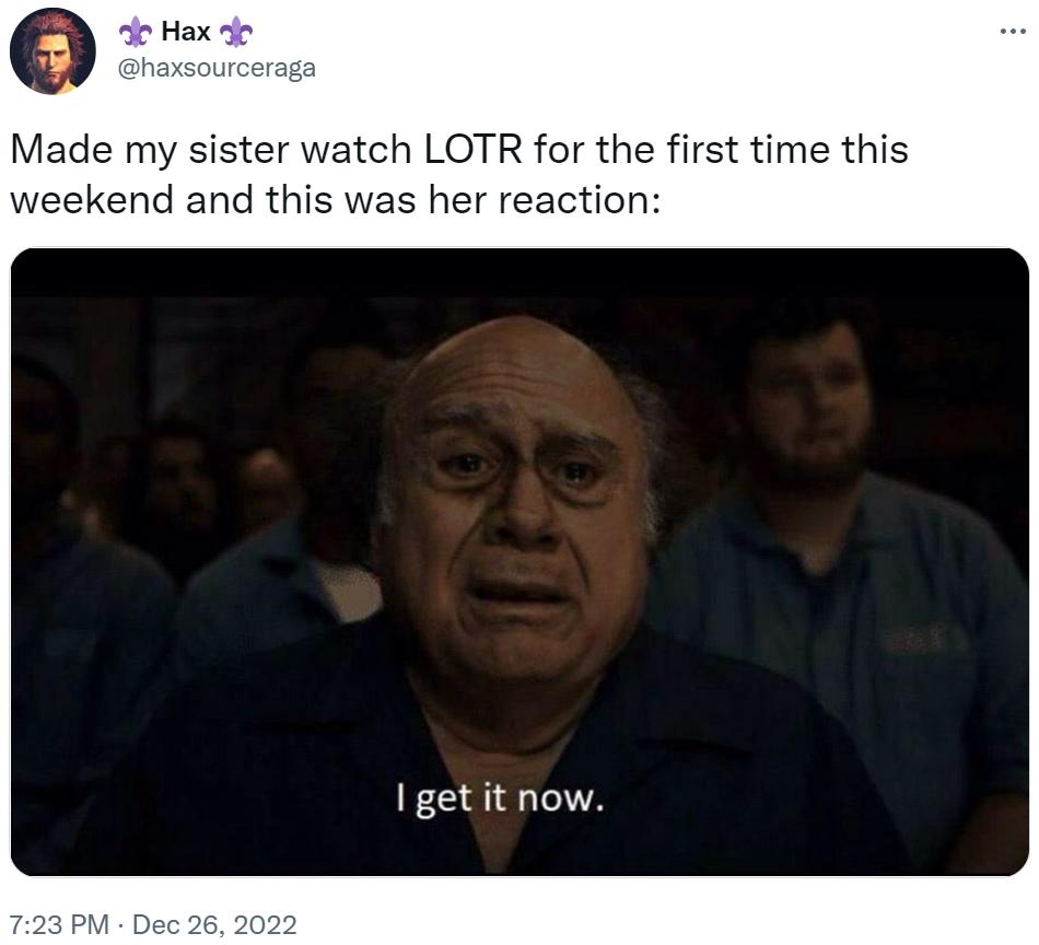 Made my sister watch LOTR for the first time this weekend and this was ...