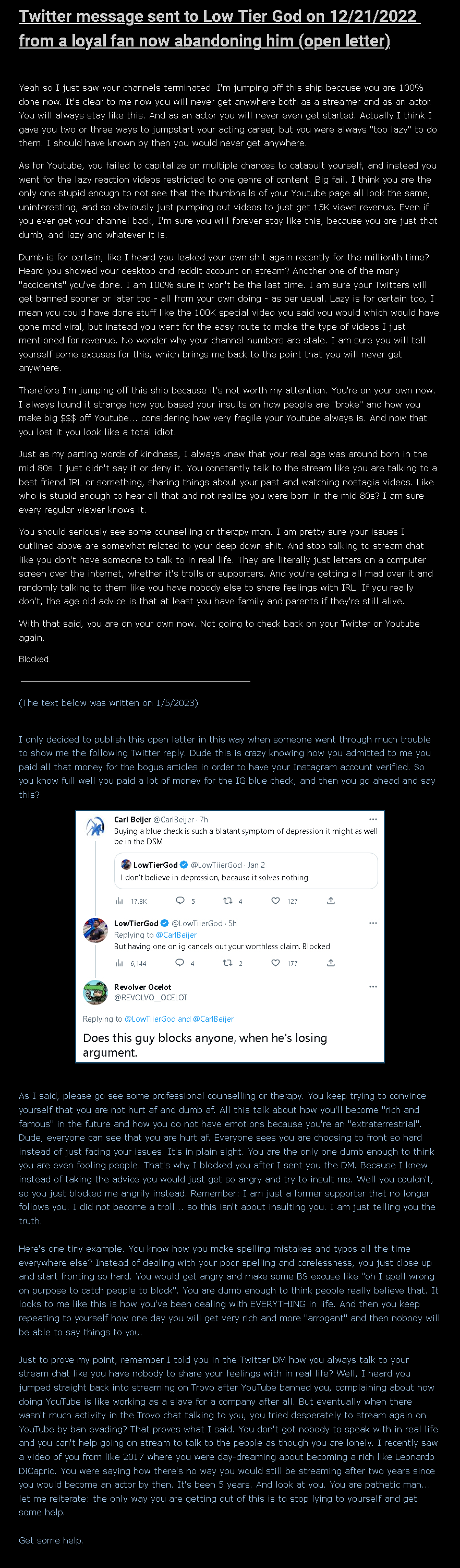 Open letter to Low Tier God from his supporter abandoning him after ...