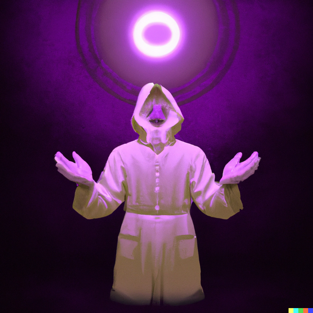 A man wearing a purple trench coat and a white gasmask cowering before ...