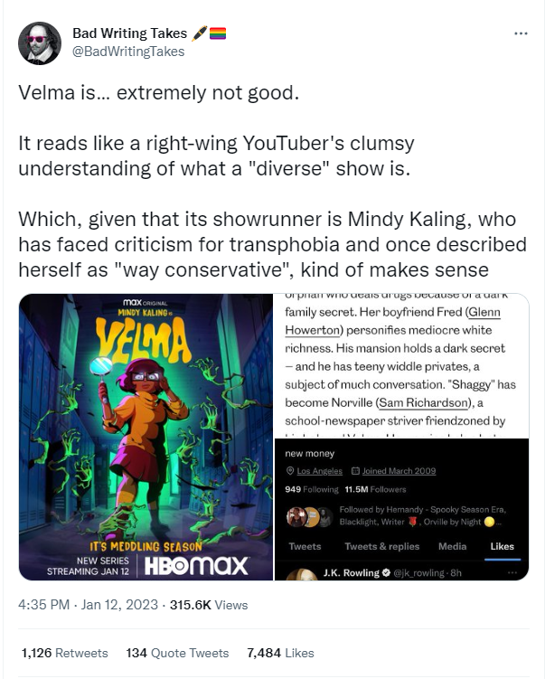 Velma was written by a "right-wing" person according to this user ...