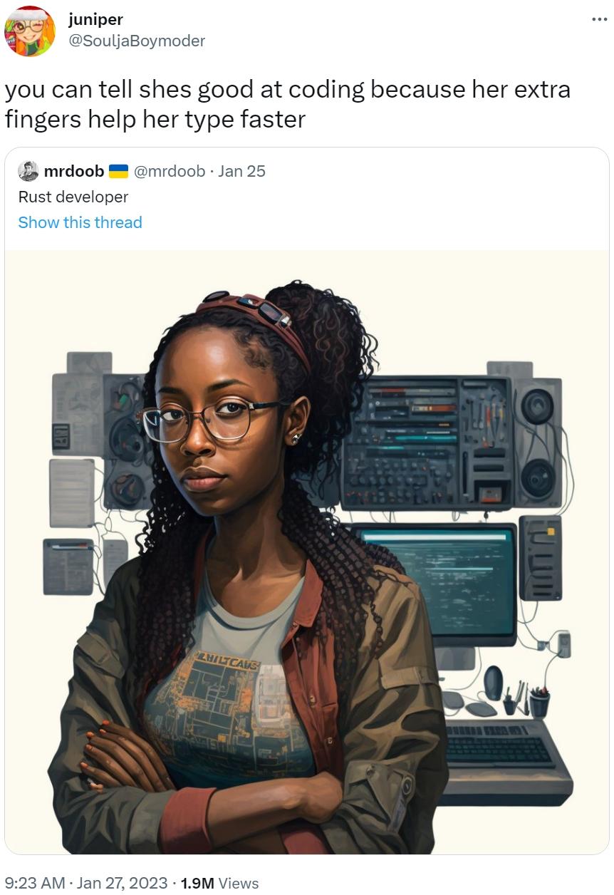 you can tell shes good at coding because her extra fingers help her ...