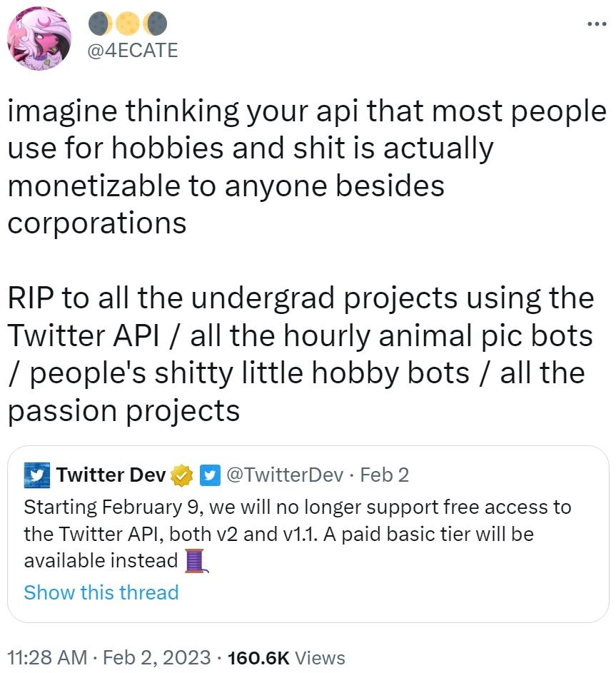 imagine thinking your api that most people use for hobbies and shit is ...