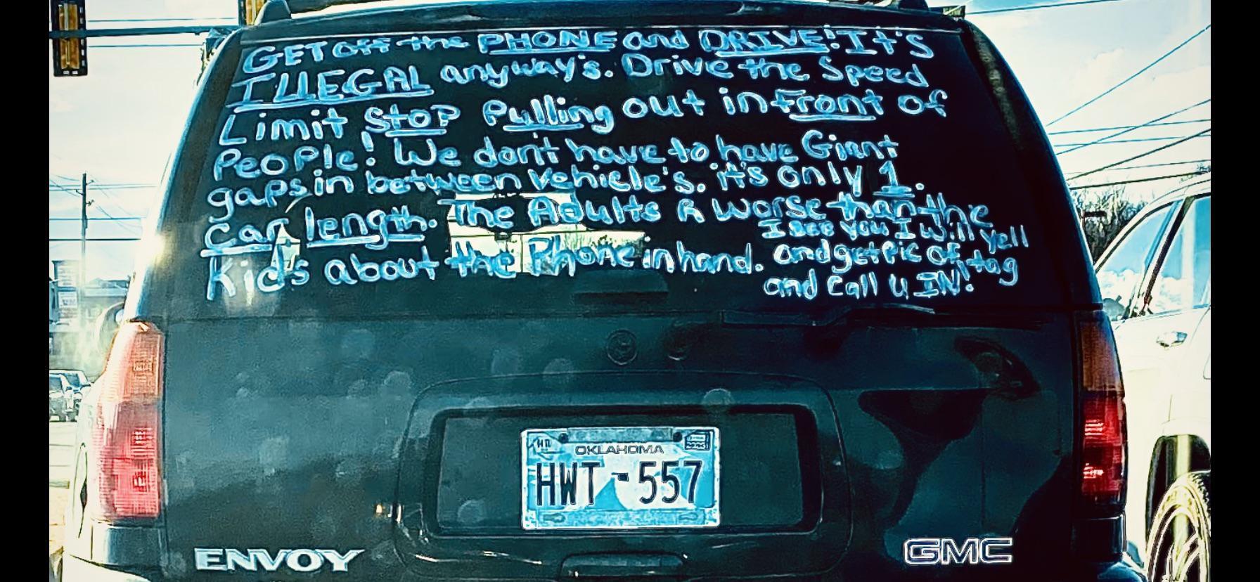 Blocks entire rear-view window and complains about other people being ...