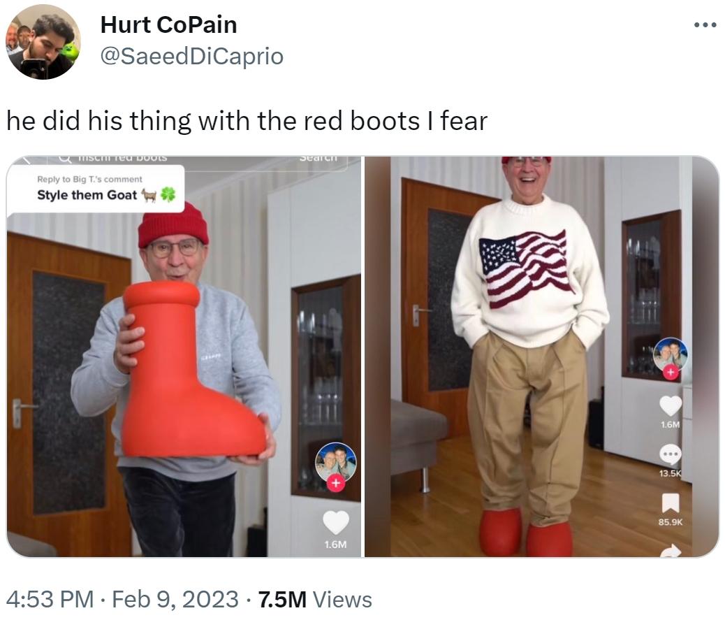 he did his thing with the red boots I fear | MSCHF Big Red Boots ...