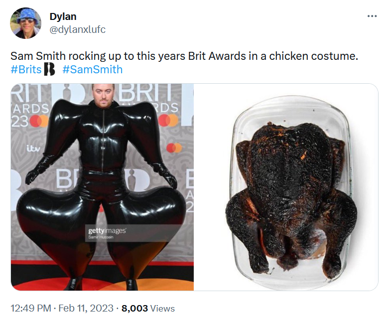 Sam Smith rocking up to this years Brit Awards in a chicken costume ...