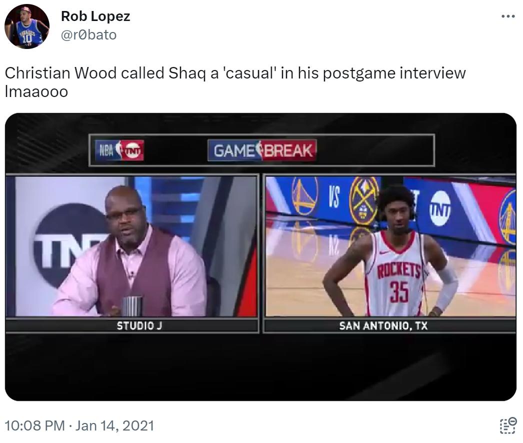 Christian Wood called Shaq a 'casual' in his postgame interview lmaaooo ...
