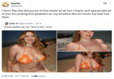 A "quote-tweet":https://knowyourmeme.com/memes/quote-retweets-qrts of "Twitter / X":https://knowyourmeme.com/memes/sites/twitter-x user Erinmhk, which showed her in a bikini with the caption, "These better be my 'this is her' pics."